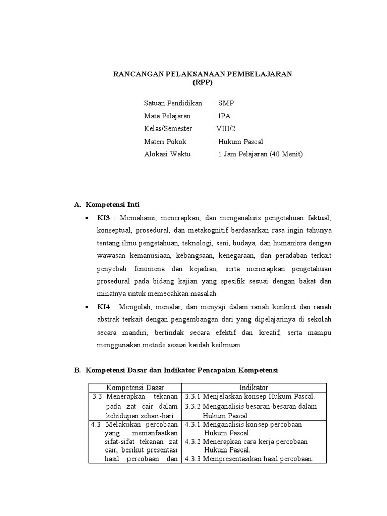 RPP IPA SMP: Hukum Pascal | PDF