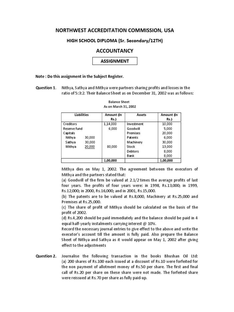 Accountancy Assignment Grade 12 | Download Free PDF | Book Value ...
