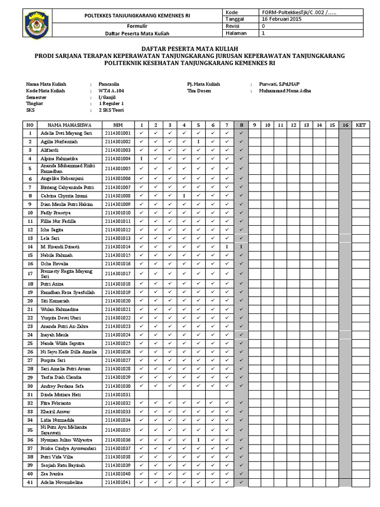 1 Daftar Hadir - STR TK I R1 Ganjil 21-22-1 | PDF