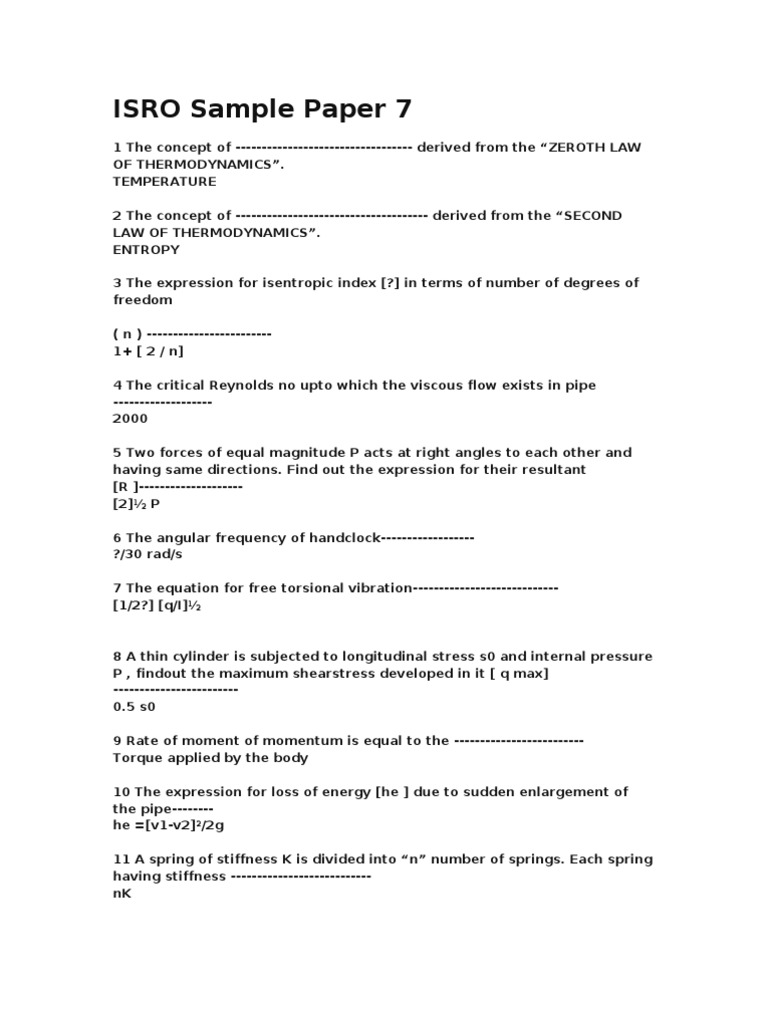 ISRO Sample Paper 7: Engineering Concepts | PDF | Fluid Mechanics ...