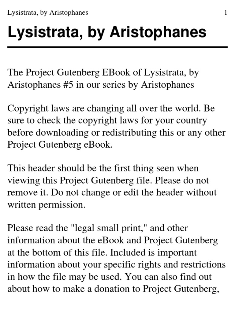 Lysistrata, by Aristophanes | PDF | Project Gutenberg | E Books