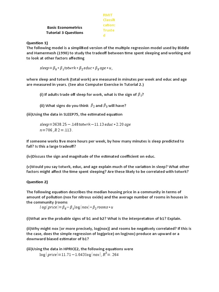 Tutorial 3 Questions Pdf Correlation And Dependence Variable Mathematics