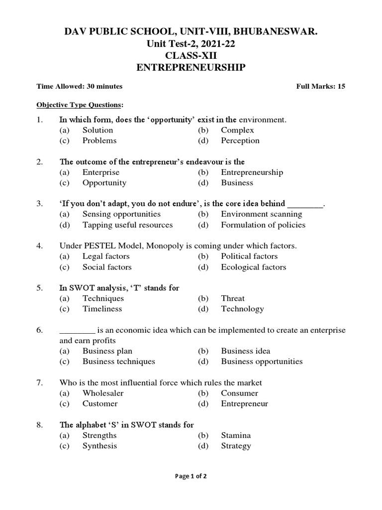 Class XII Entrepreneurship Unit Test 2021 | PDF | Swot Analysis ...