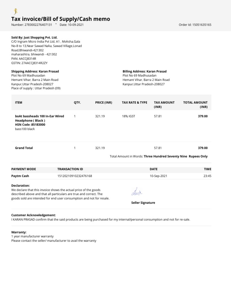 Invoice for boAt Headphones Purchase | PDF