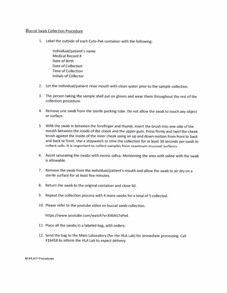 CHLA Clinical Pathology Buccal Swab Collection Procedure | PDF