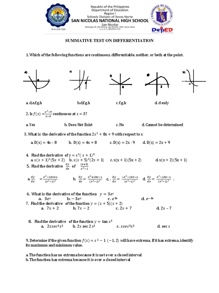 Summative Test in Basic Calculus (Differentiation) | PDF | Derivative ...