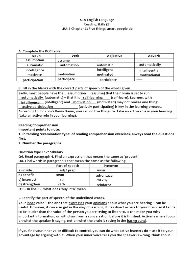 S3 English Language Reading Skills | PDF | Part Of Speech | Adjective