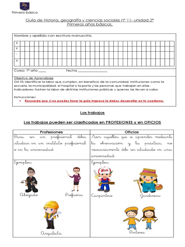 Guía de Profesiones y Oficios 1° Básico | PDF