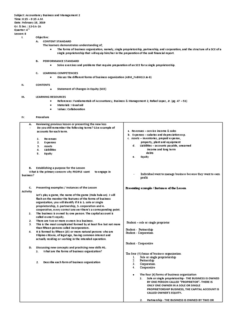 Lesson Plan Forms of Business Organization Statement of Changes in ...