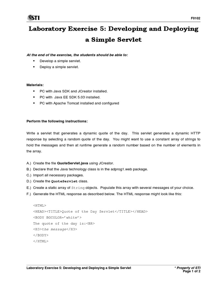 Lab 5 - Deploying A Simple Servlet | PDF | Java (Programming Language) | World Wide Web