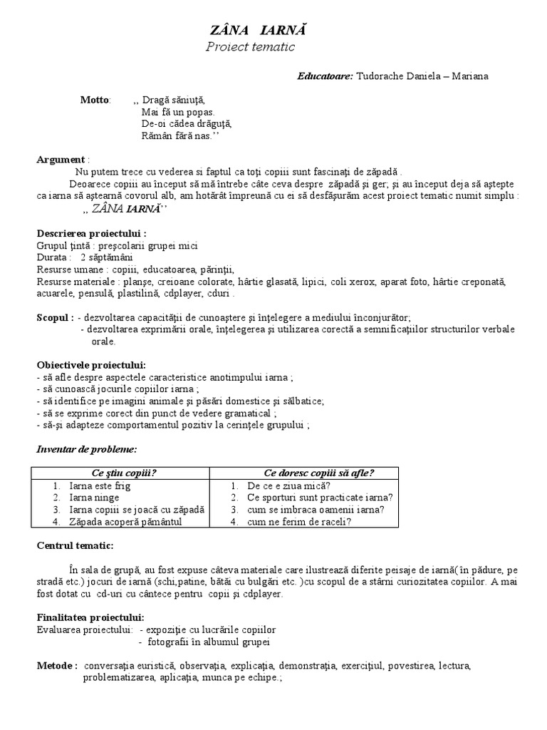 Zana Iarna Proiect Tematic | PDF