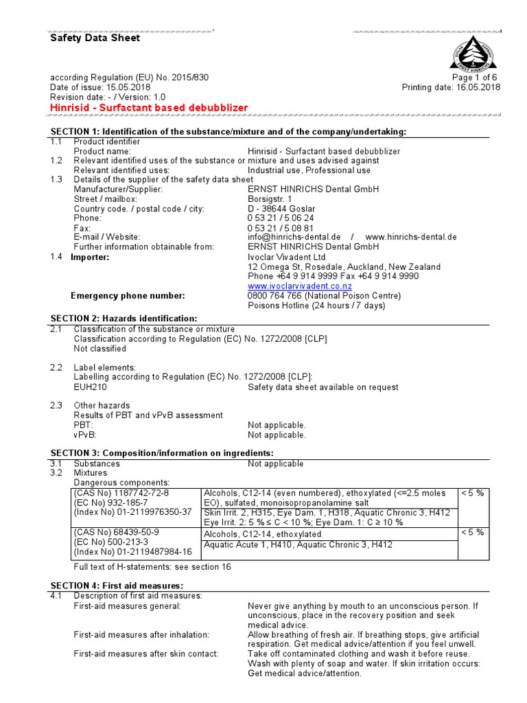 Hinrisid - Surfactant Based Debubblizer: Safety Data Sheet | PDF | Dangerous Goods | Firefighting