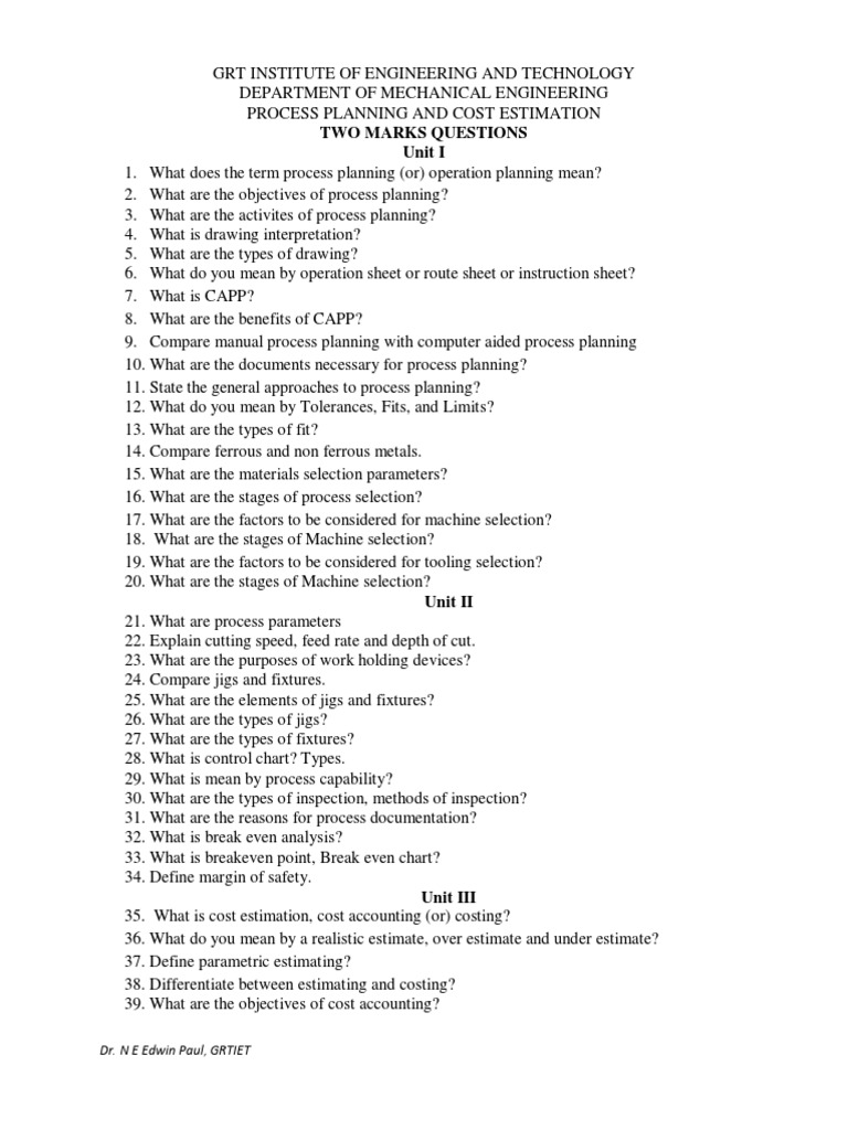 Two Marks Questions Unit I: Dr. N E Edwin Paul, GRTIET | PDF | Sheet ...
