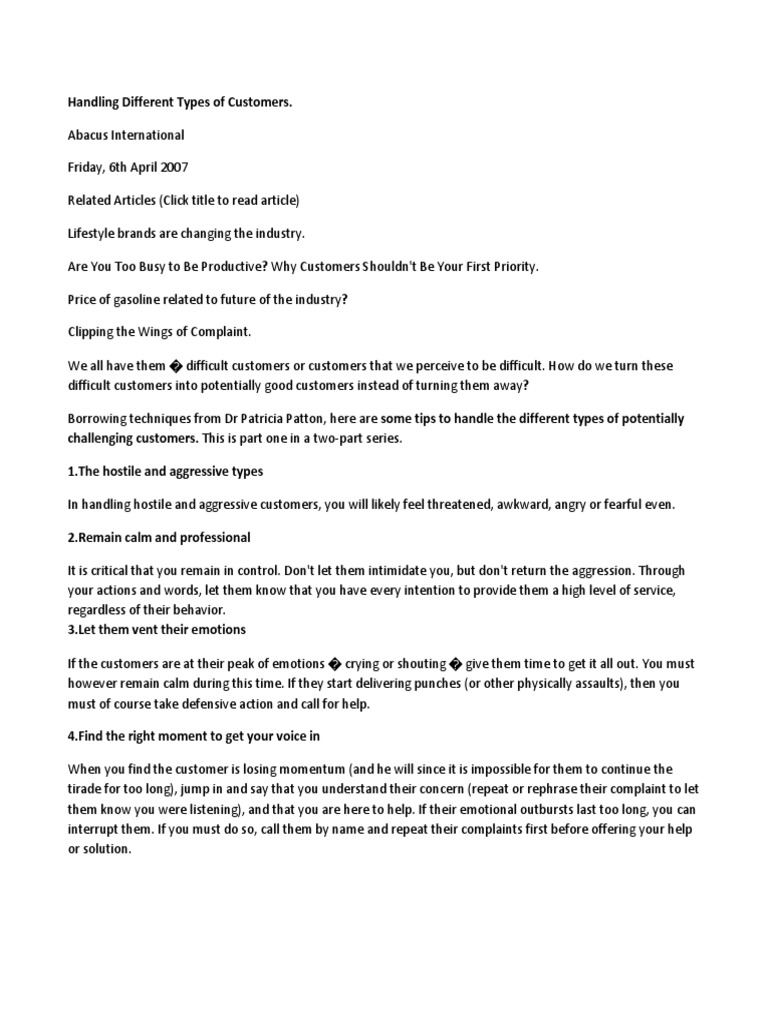 Handling Different Types of Customers | PDF | Aggression | Psychology