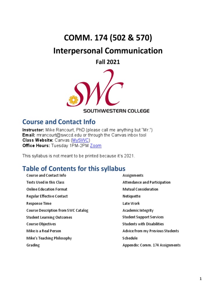 COMM 174 F21 Syllabus | PDF | Interpersonal Communication | Communication