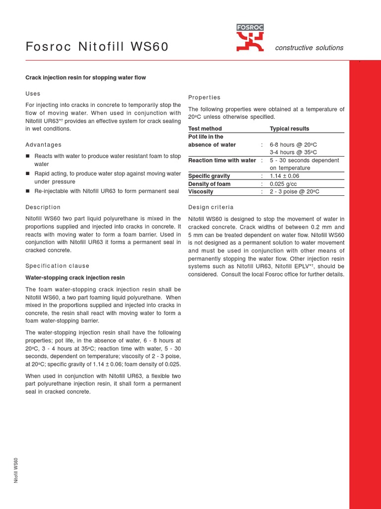 Fosroc Nitofill WS60: Crack Injection Resin For Stopping Water Flow ...