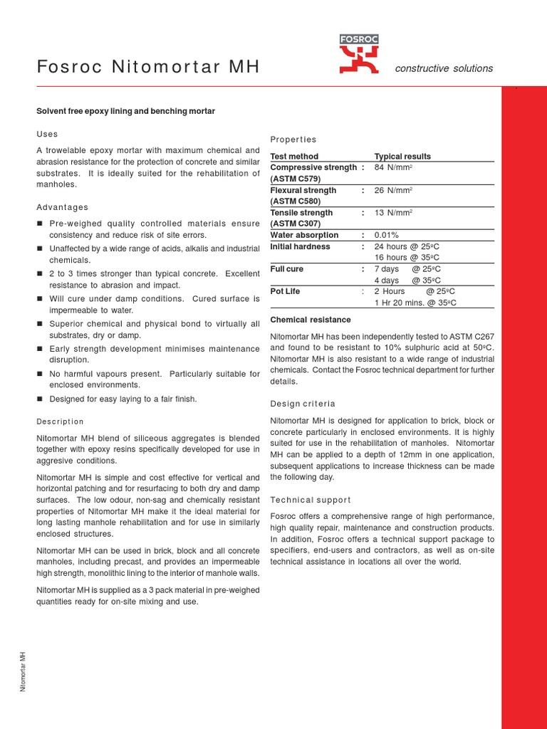 Fosroc Nitomortar MH: Solvent Free Epoxy Lining and Benching Mortar ...