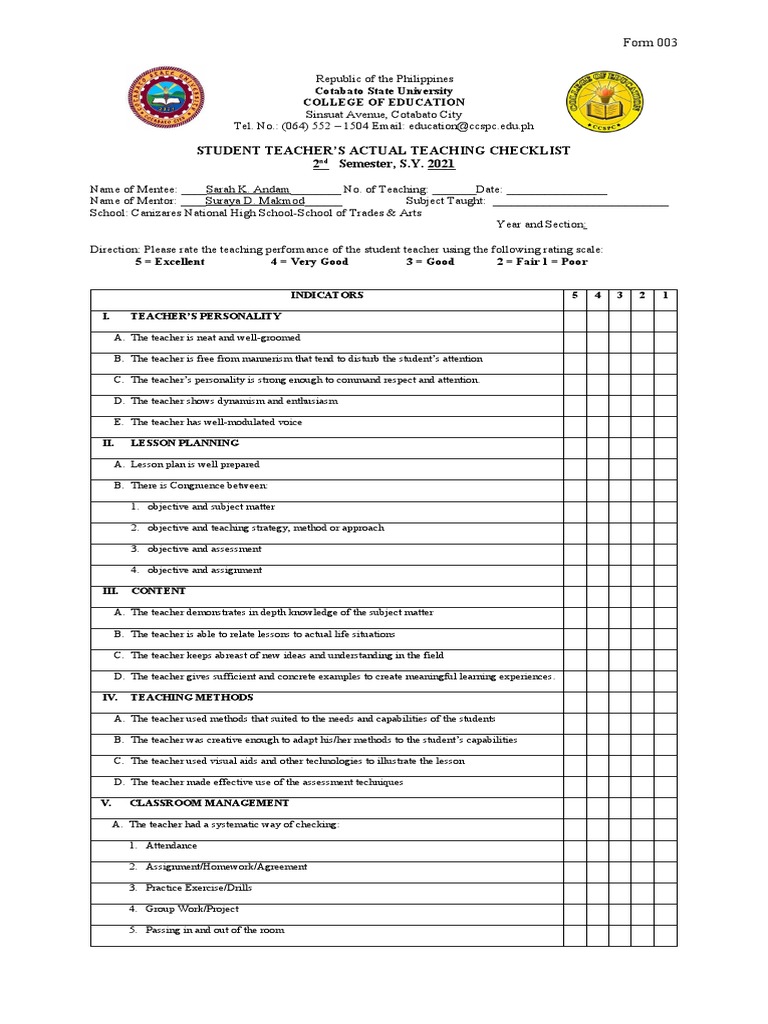 Form 003 Student Teachers Actual Teaching Checklist | PDF | Teachers ...