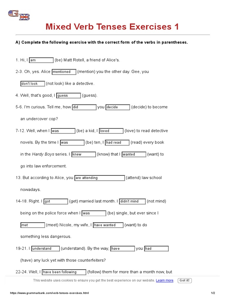 Mixed Verb Tenses Exercises 1 - GrammarBank ANSWERS | PDF