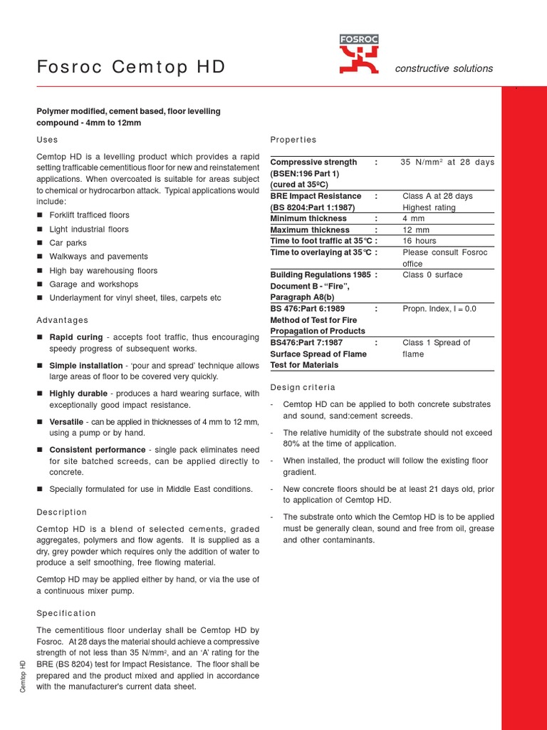 Fosroc Cemtop HD: Constructive Solutions | PDF | Concrete | Cement