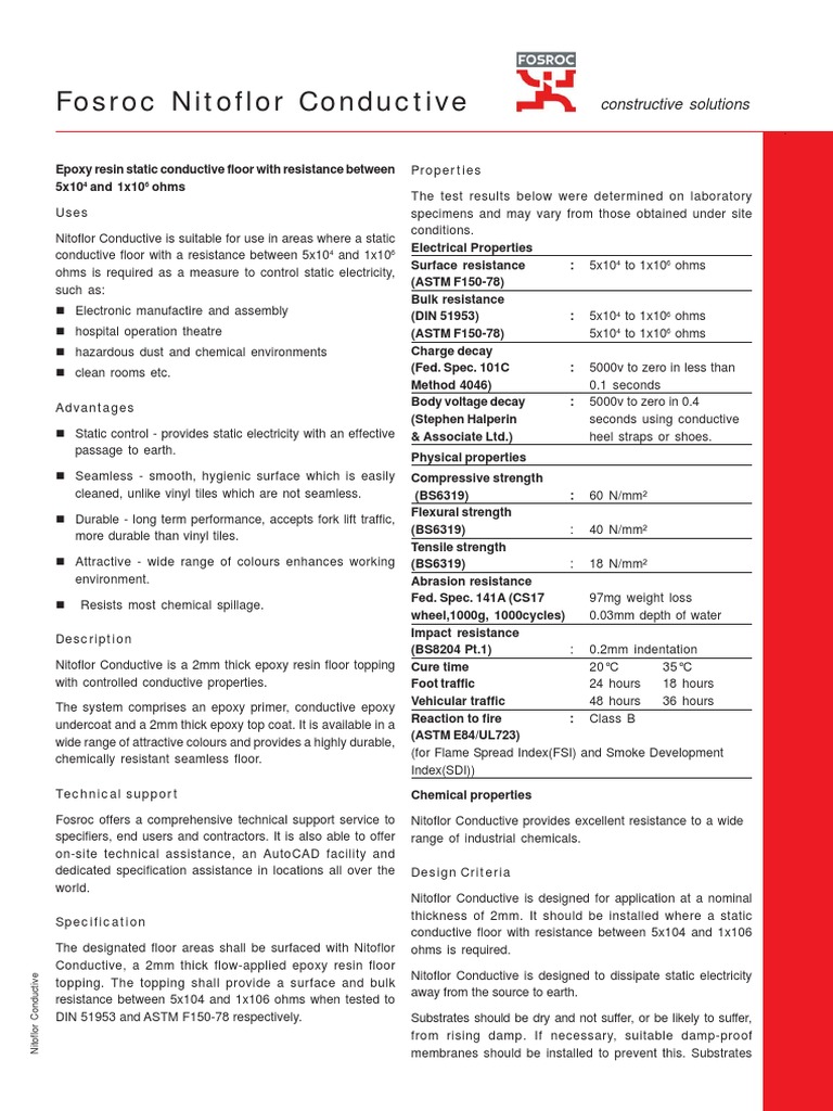 Fosroc Nitoflor Conductive: Constructive Solutions | PDF | Electrical ...