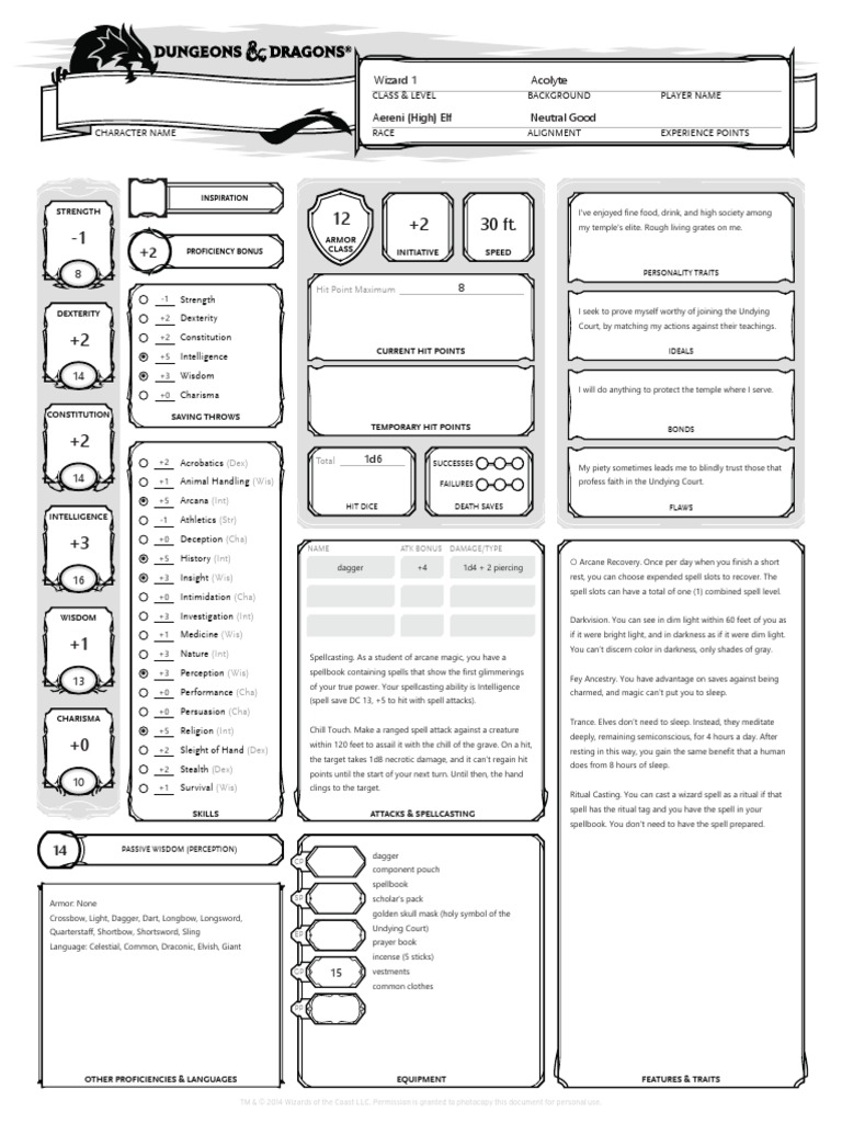 Wizard 1 Aereni (High) Elf Acolyte Neutral Good: Strength | PDF | Role ...