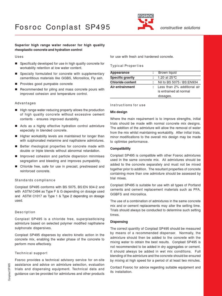 Conplast sp495 | PDF | Concrete | Cement