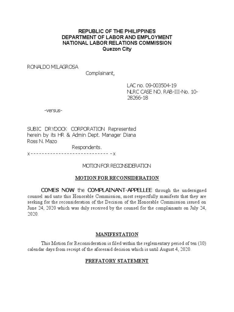 MOtion For Reconsideration - ULP MIlagrosa | PDF | Unfair Labor Practice | Employment