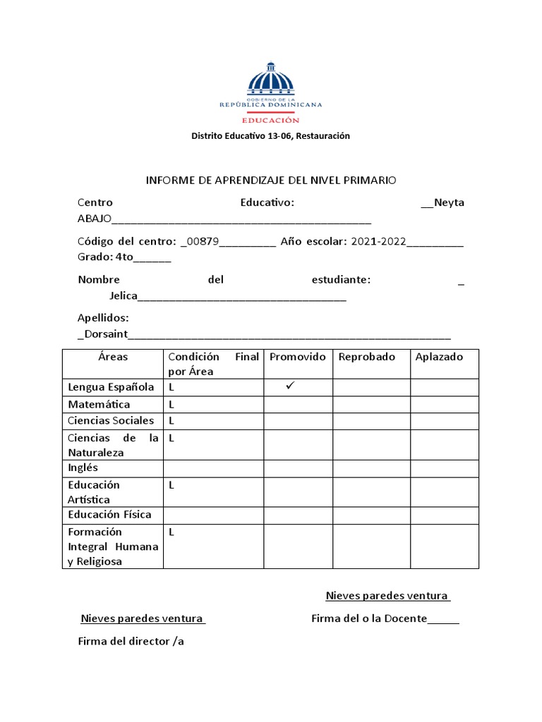 Informe de Aprendizaje Del Nivel Primario | PDF