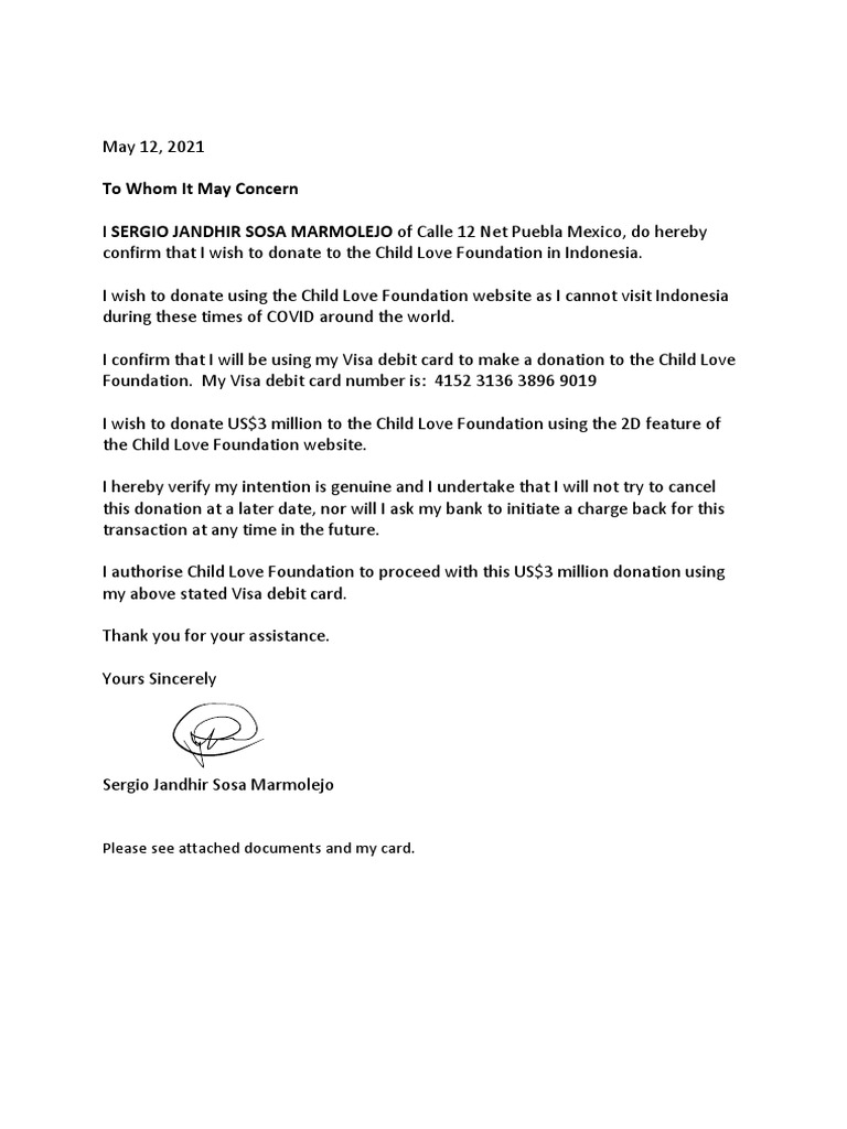 Donation Confirmation to Charity | PDF