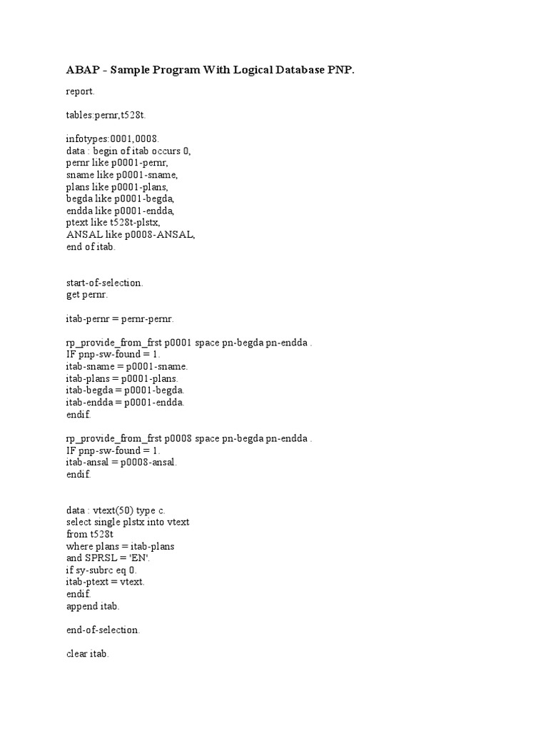 ABAP - Sample Program With Logical Database PNP | PDF | Digital ...