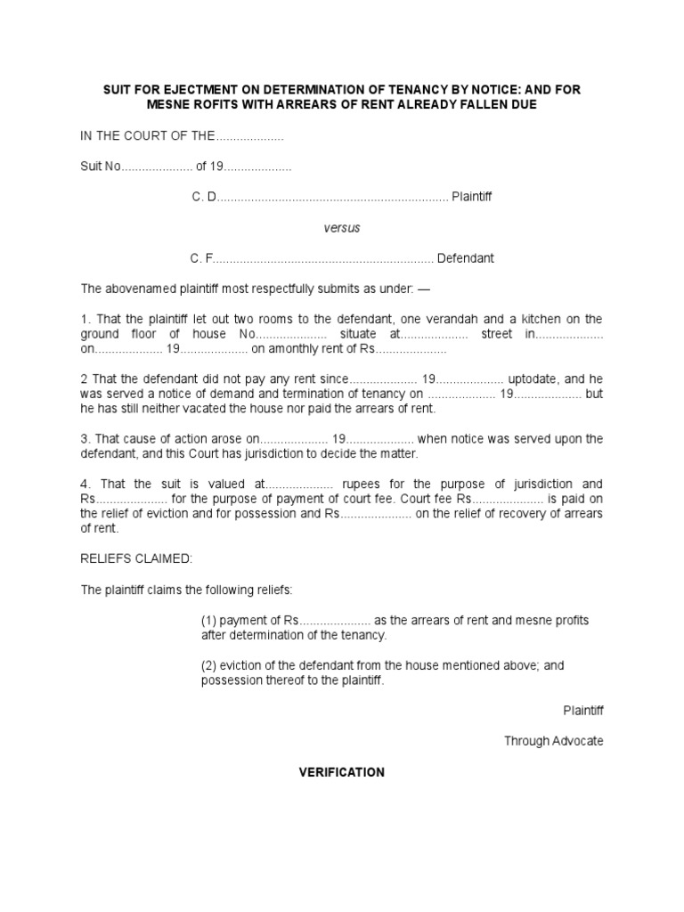 Suit For Ejectment On Determination of Tenancy by Notice and For Mesne Rofits With Arrears of ...