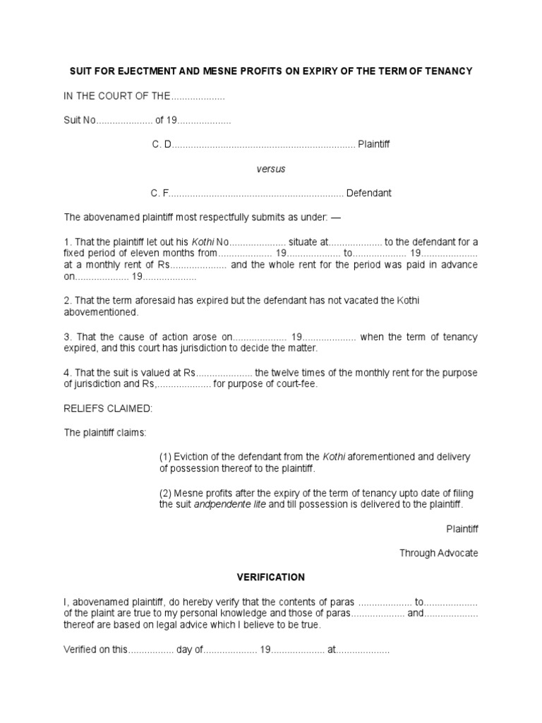 Suit For Ejectment and Mesne Profits On Expiry of The Term of Tenancy ...