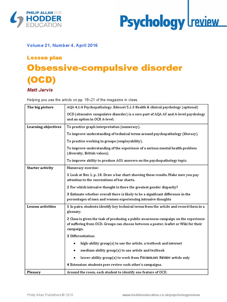 Obsessive-Compulsive Disorder (OCD) : Lesson Plan | PDF | Obsessive ...