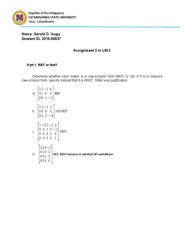 Name: Gerald D. Isuga Student ID: 2019-00637 Assignment 2 in LM 2 | PDF | Theoretical Physics ...
