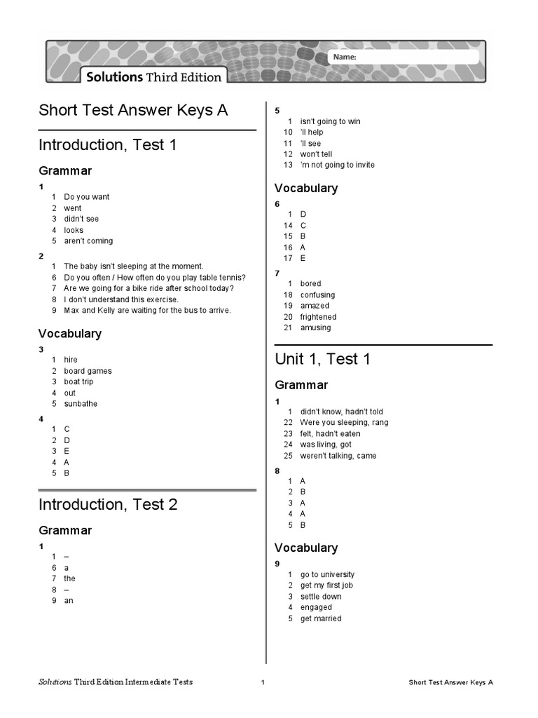 Sol3e Int Short Test Answer Keys A | PDF Sol3e Int Short Test Answer Keys A | PDF