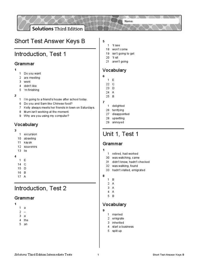 Short Test Answer Keys B Introduction, Test 1: Grammar Vocabulary | PDF