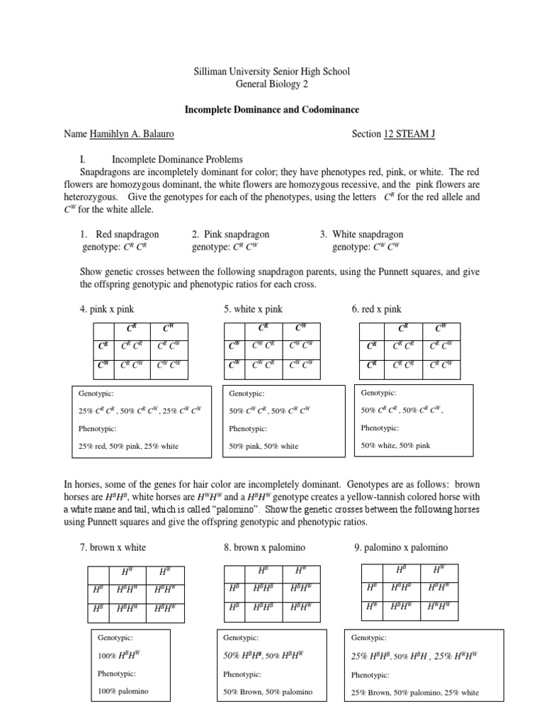 Worksheet Incomplete Dominance and Codominance Balauro | PDF ...