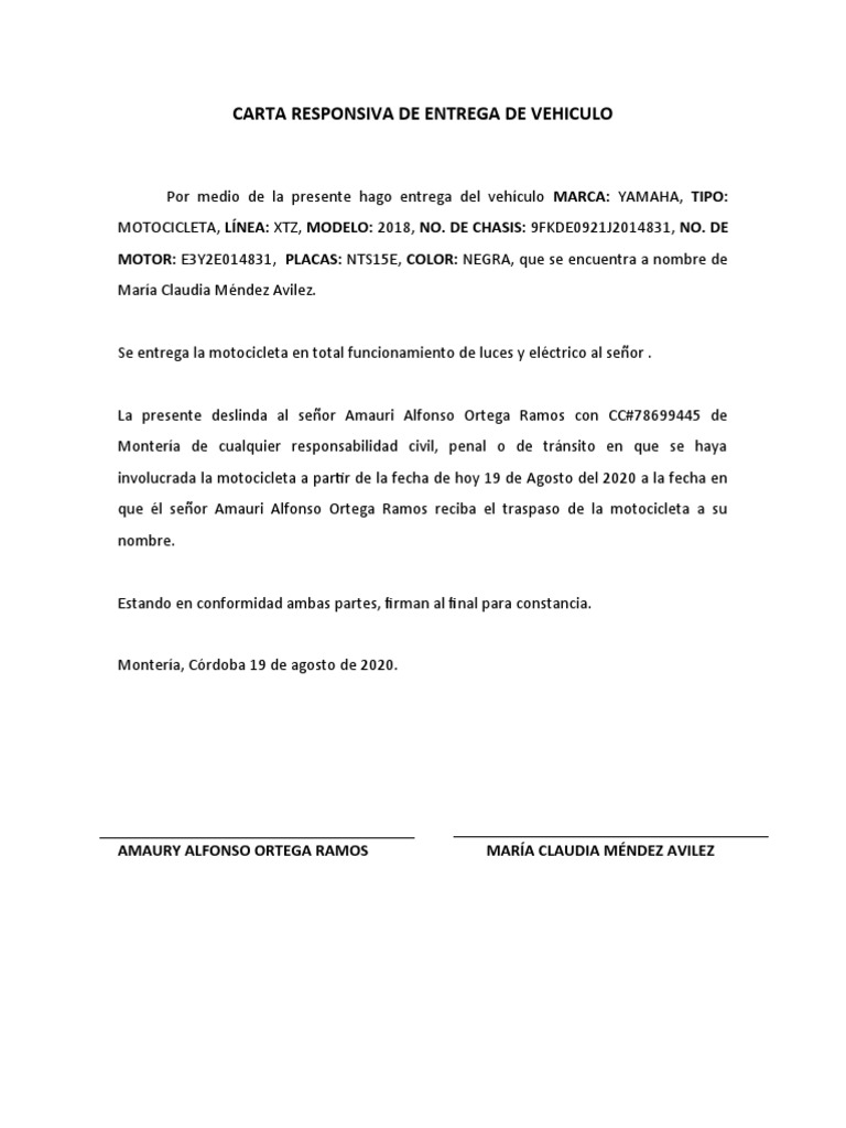 Carta Responsiva de Entrega de Vehiculo | PDF Carta Responsiva de Entrega de Vehiculo | PDF