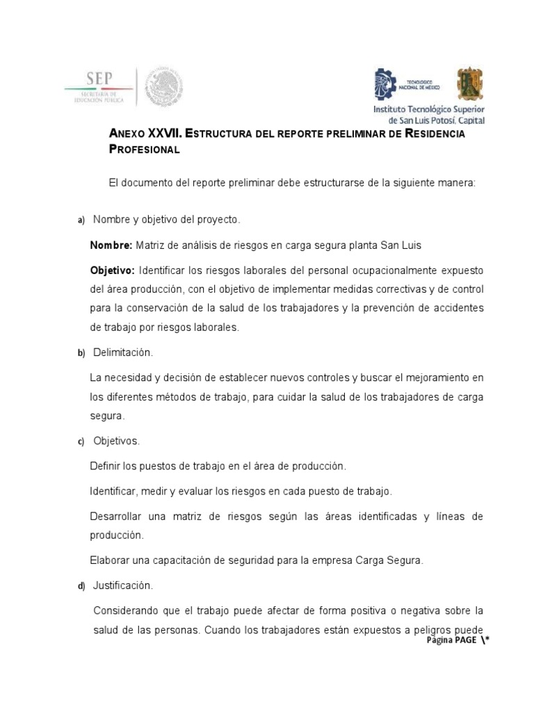 ANEXO XXVII - Residencia Profesional - Reporte - Preliminar | PDF | Bienestar