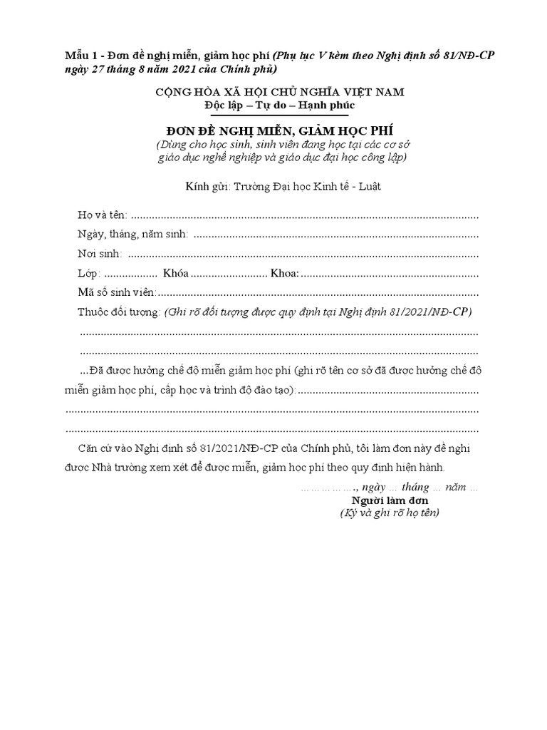 Mẫu 1 - Don xin mien giam hoc phí | PDF