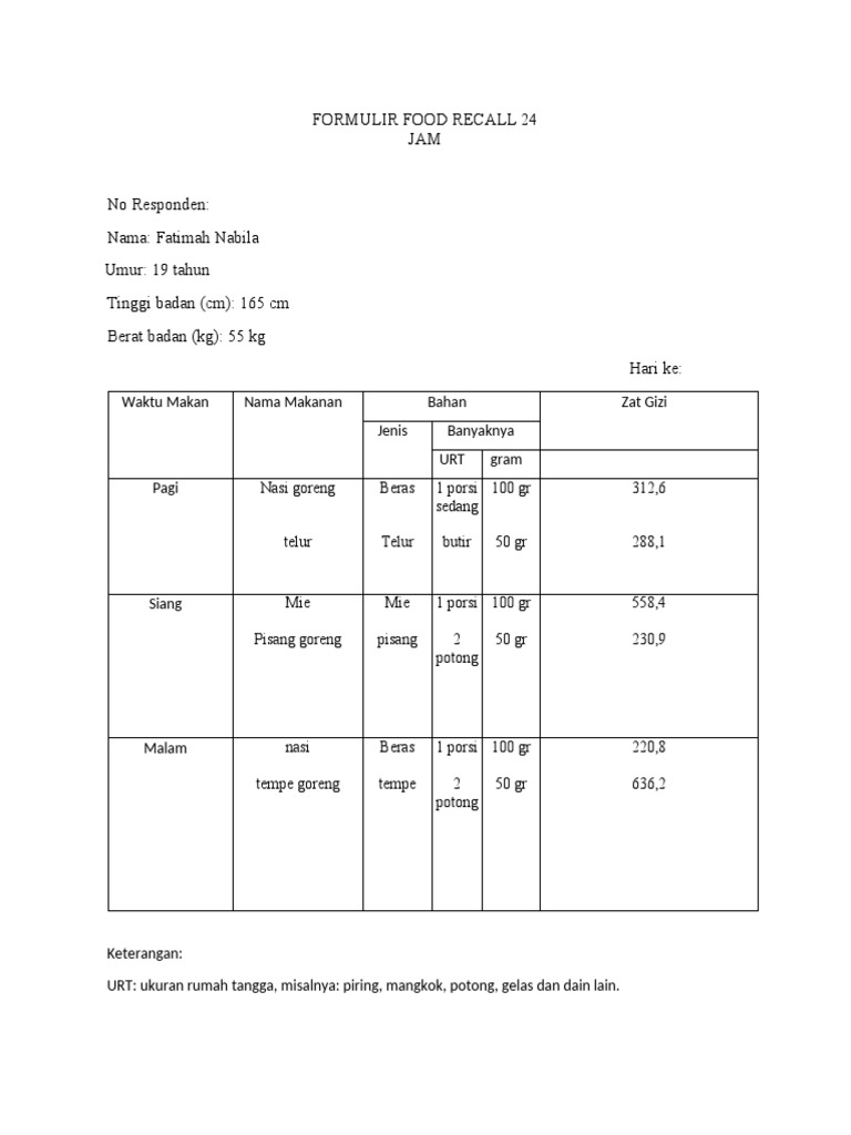 Formulir Food Recall 24 Jam | PDF