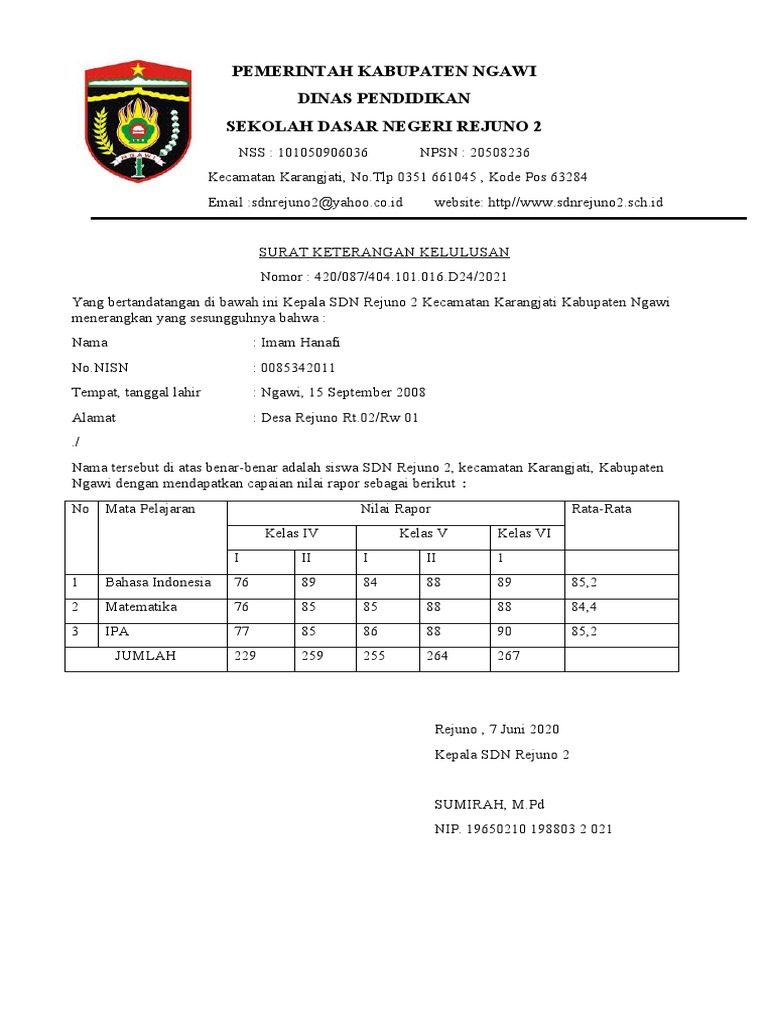 Surat Keterangan Nilai Rapor | PDF
