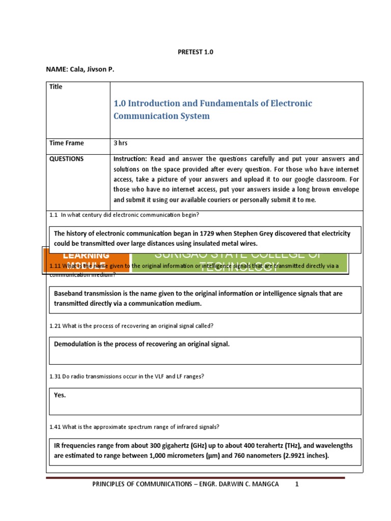 Principle of Communications Module 1 Pretest | PDF | Inductor | Amplifier