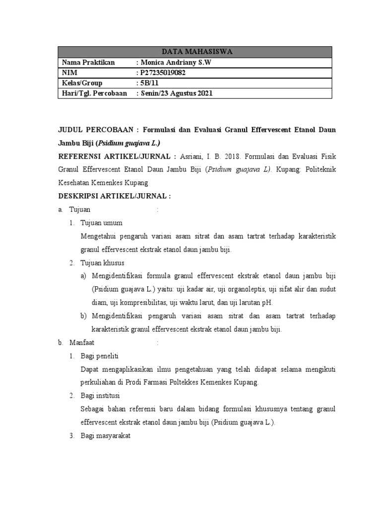 Formulasi Dan Evaluasi Granul Effervescent Etanol Daun Jambu Biji
