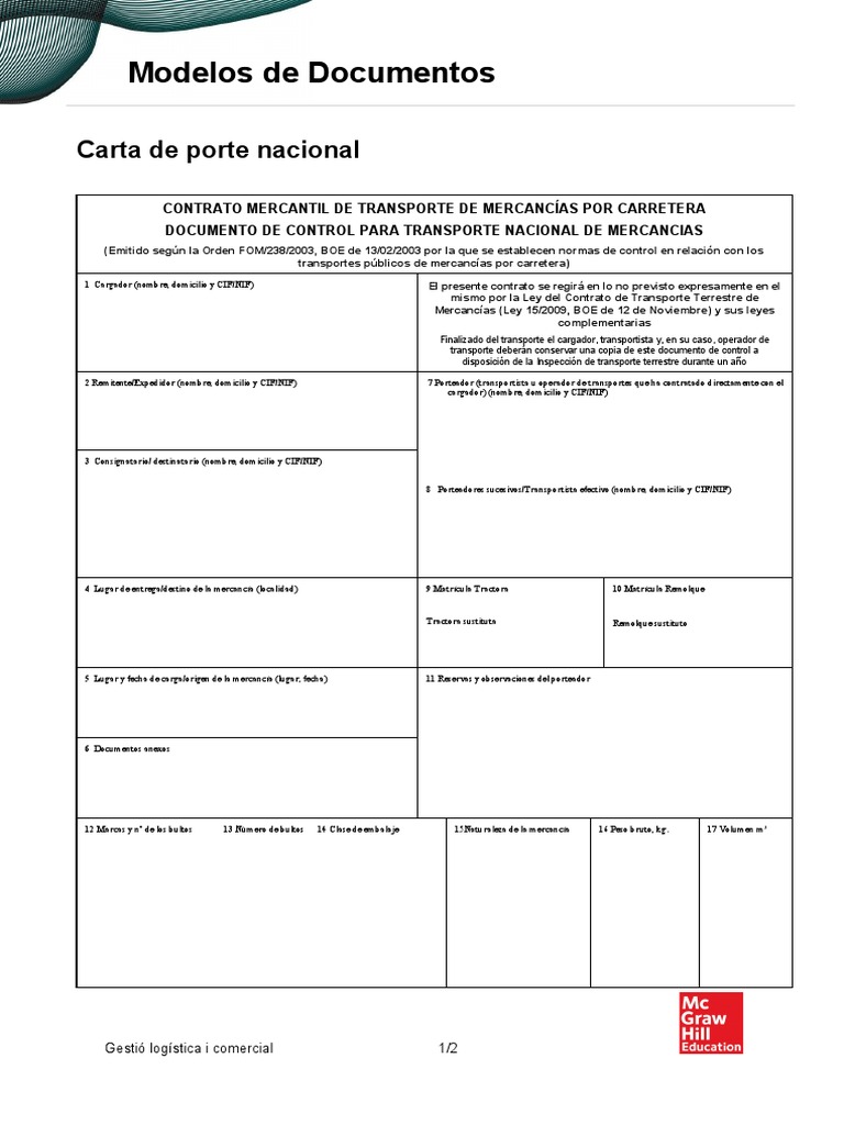 Modelo de Carta de Porte Nacional | PDF | Transporte