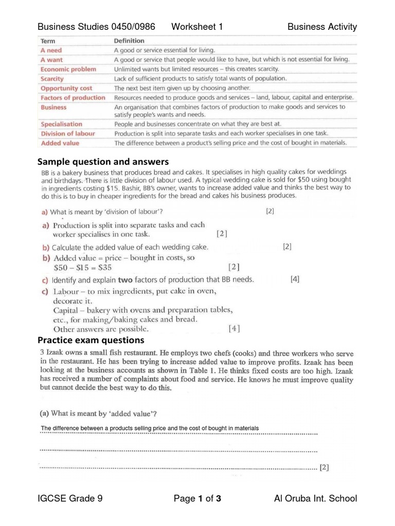 IGCSE Business Activity Worksheet Answers | PDF | Career & Growth