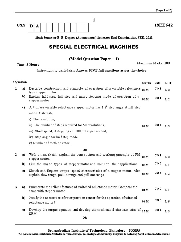 EE 642 SEM Model Paper - 1 - 2021 | PDF | Electric Motor | Physical ...