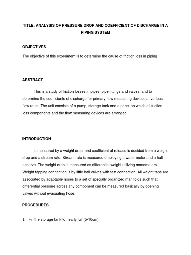 Experiment No. 2 Analysis of Pressure Drop and Coefficient of Discharge ...