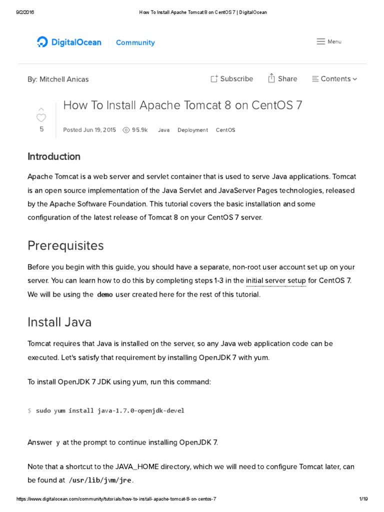 How To Install Apache Tomcat 8 On CentOS 7 - DigitalOcean | PDF | Java (Programming Language ...